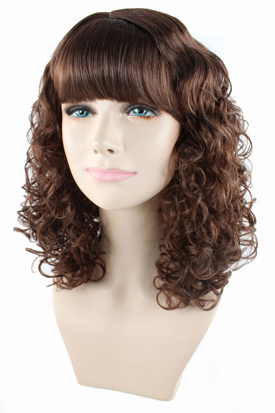 Brunette Long Curly Wig With Bangs and Kanekalon Fibers Cosplay High ...