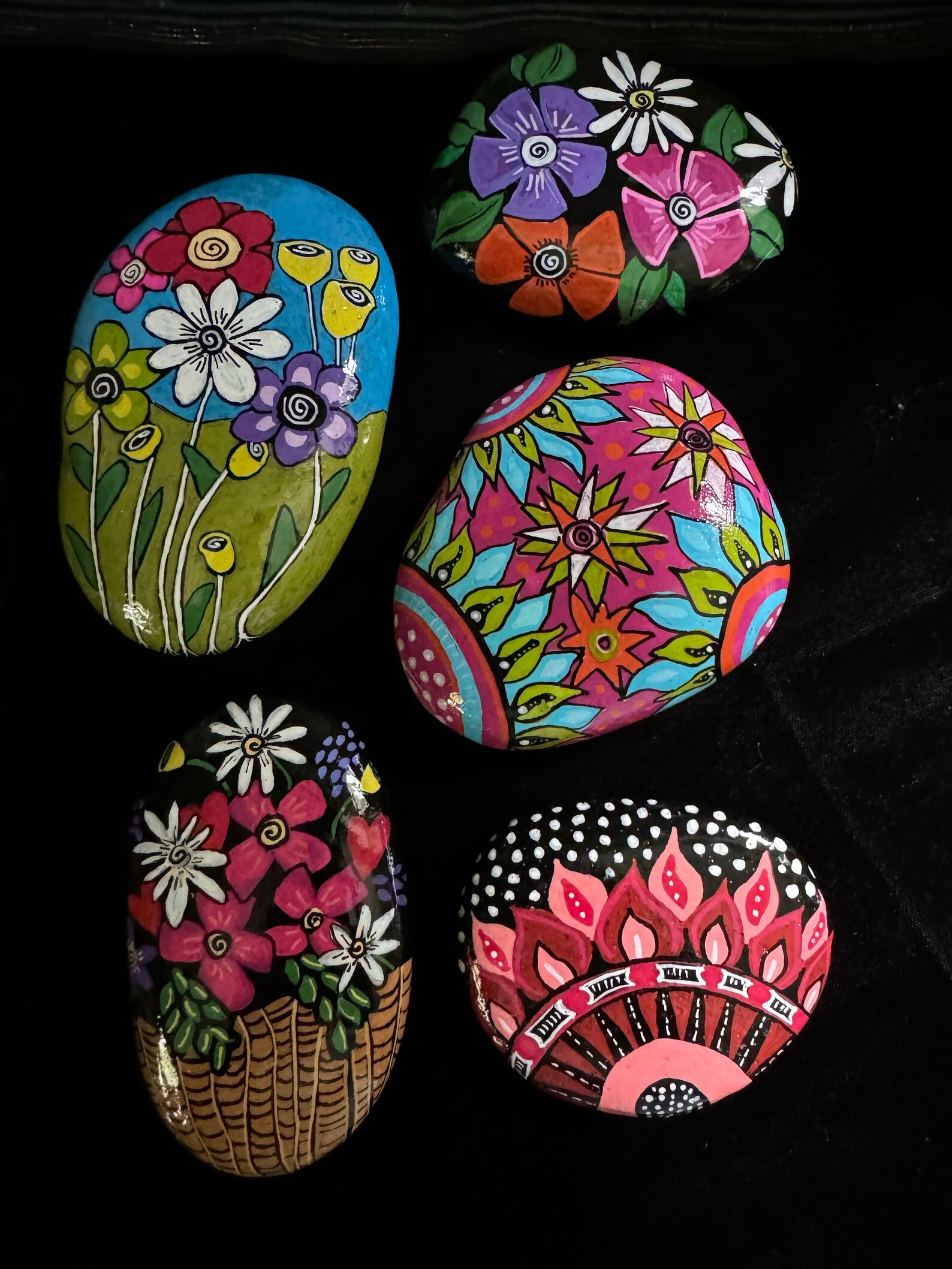 Painted Rocks, Whimsical Flowers, Lotus Flower Designs, Bold, Colorful ...