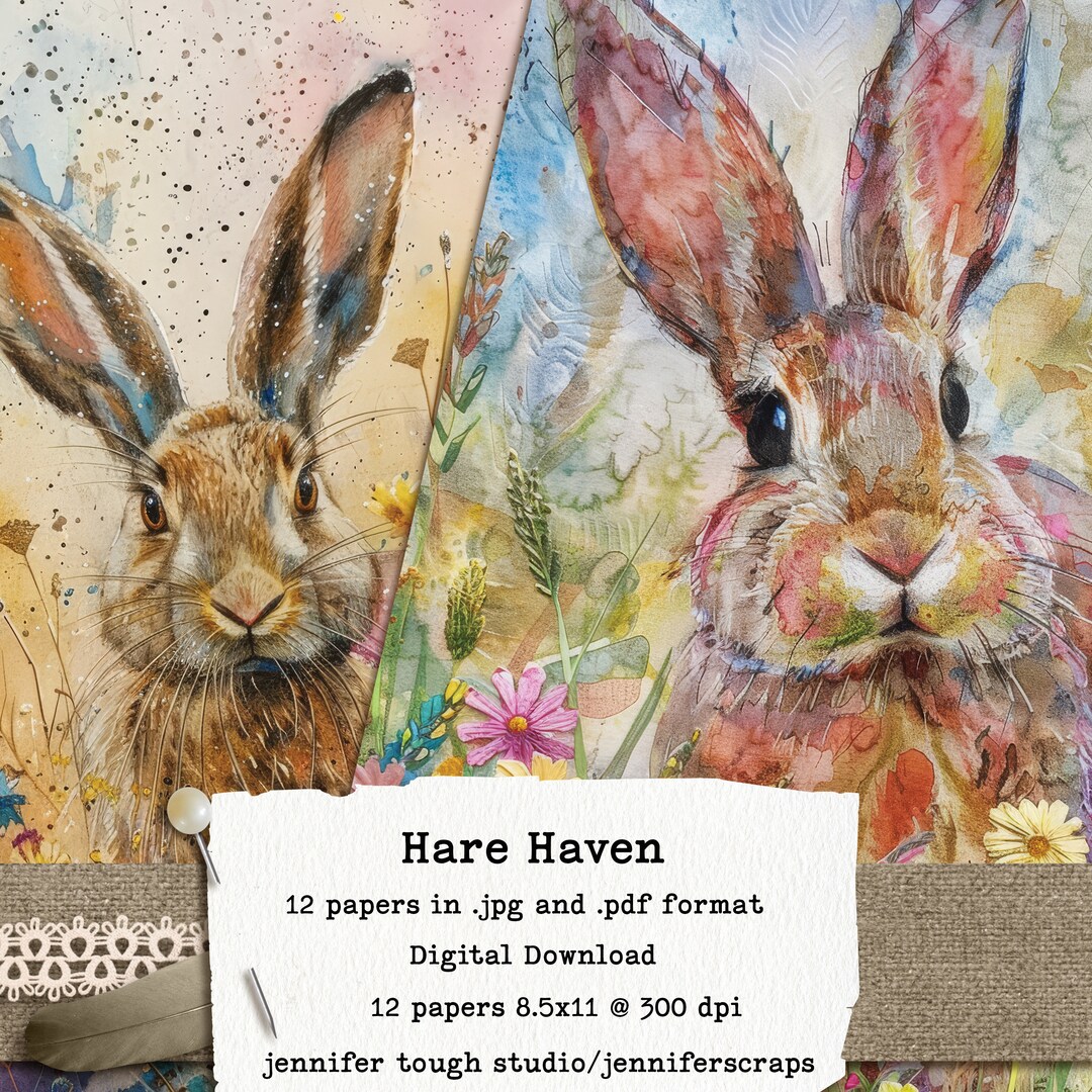 Rabbit Wildflower Meadow Digital Paper Pack: Journal Cards (digital ...