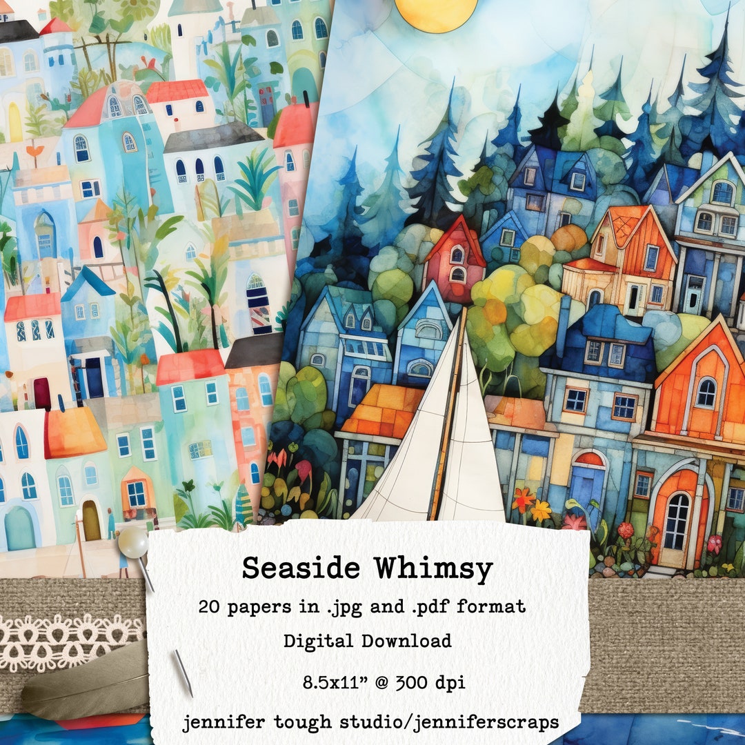 Seaside Whimsy Digital Paper Pack: Coastal Illustrations, Cards ...