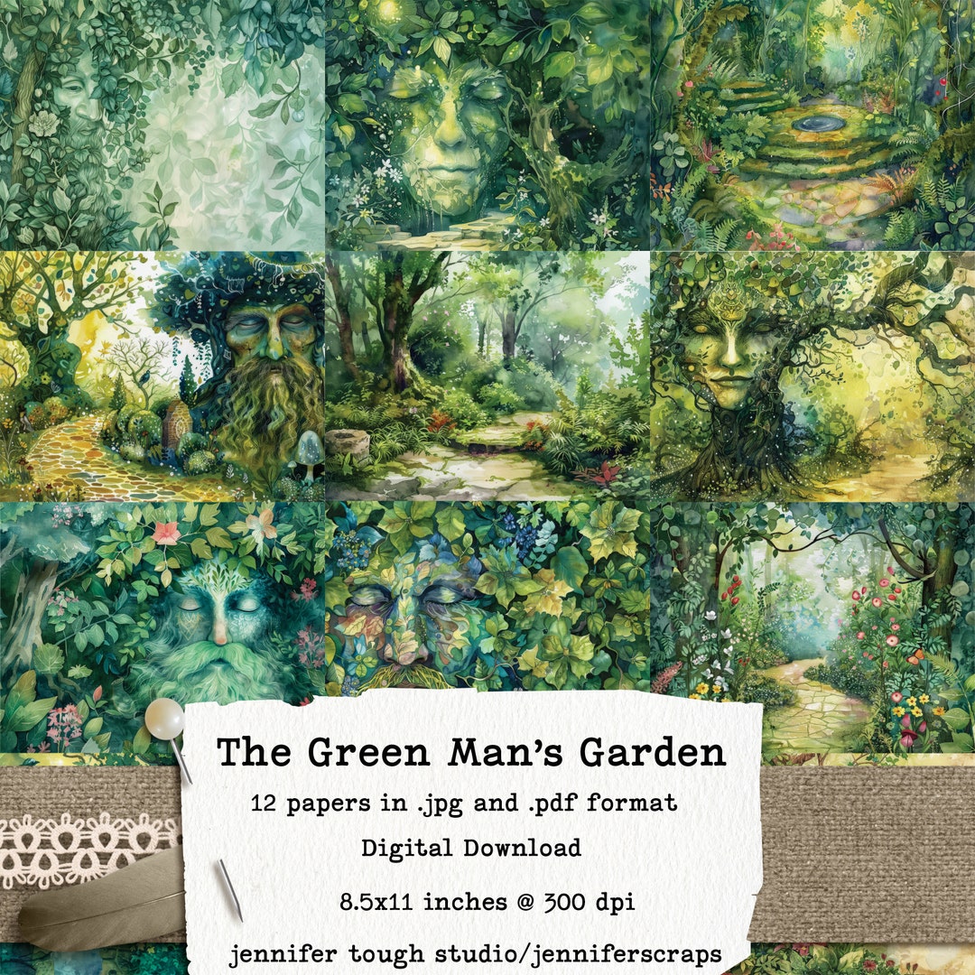 Green Man Garden Digital Paper Pack, Enchanted Forest Lush Botanical Landscape Imagery, 12 ...