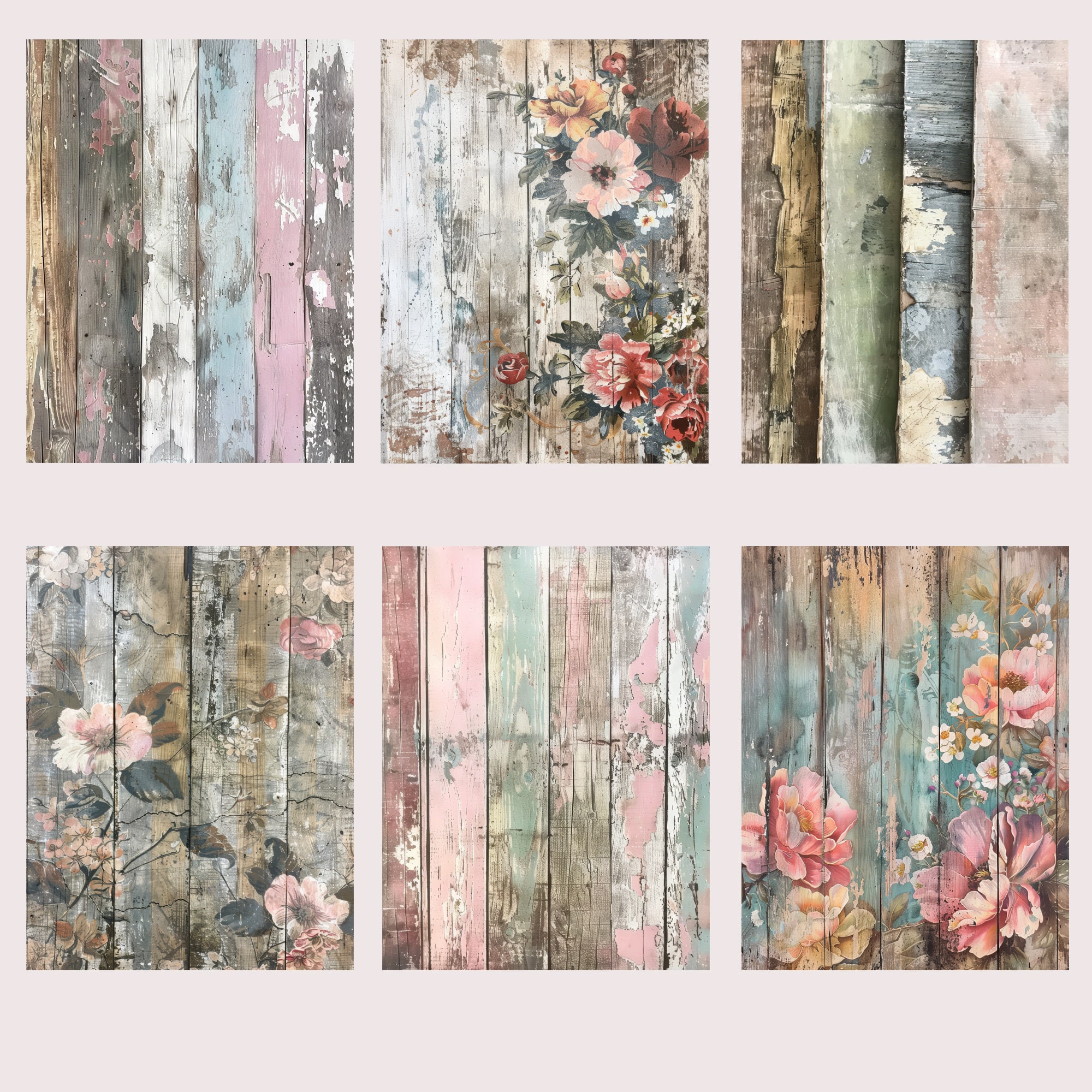 Rustic Elegance Digital Paper Pack 12 High-resolution Shabby Chic Distressed Wood & Floral ...