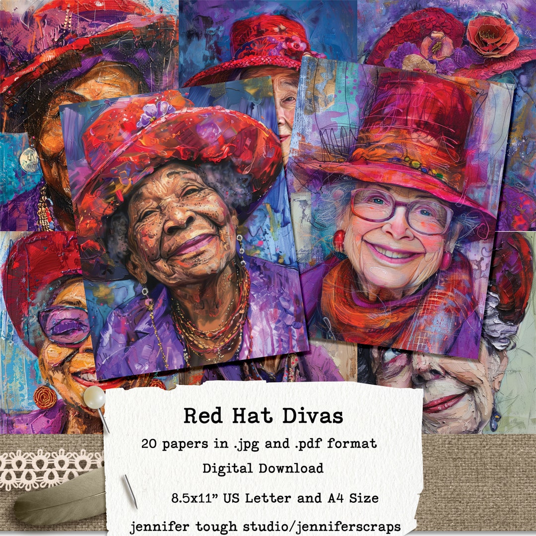 Red Hat Divas, 20 Images in .jpg and .pdf Format of Sassy and Whimsical Old Women, A4 and US ...