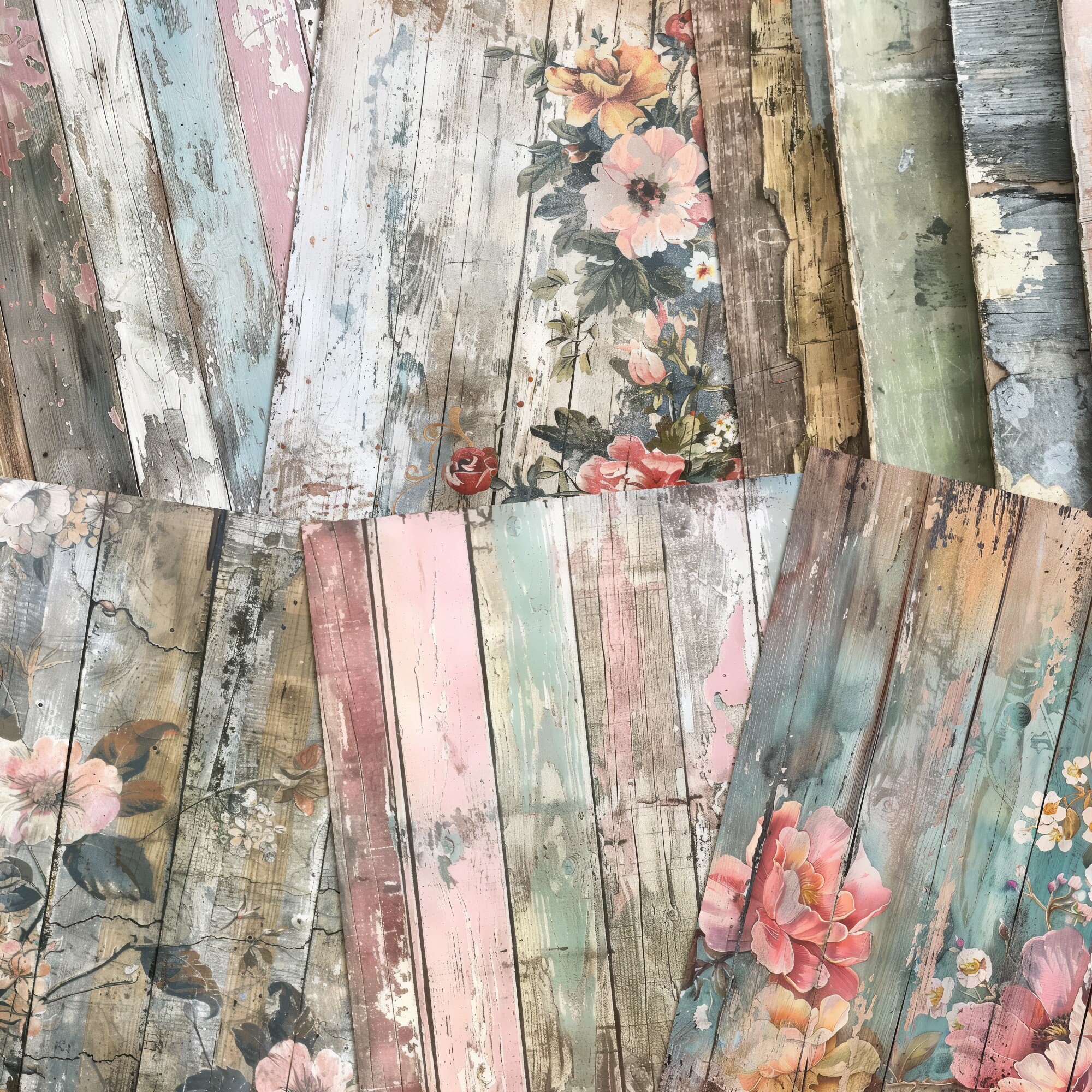 Rustic Elegance Digital Paper Pack 12 High-resolution Shabby Chic Distressed Wood & Floral ...