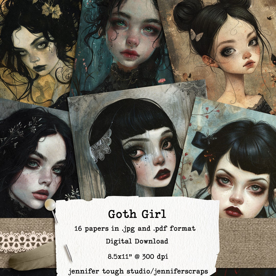 Goth Girl, 16 Printable Portraits, Gothic Junk Journal Papers and ATC ...