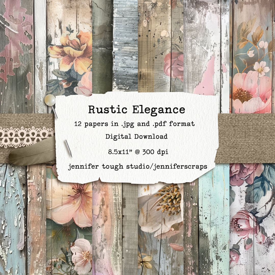 Rustic Elegance Digital Paper Pack - 12 High-resolution Shabby Chic Distressed Wood & Floral ...