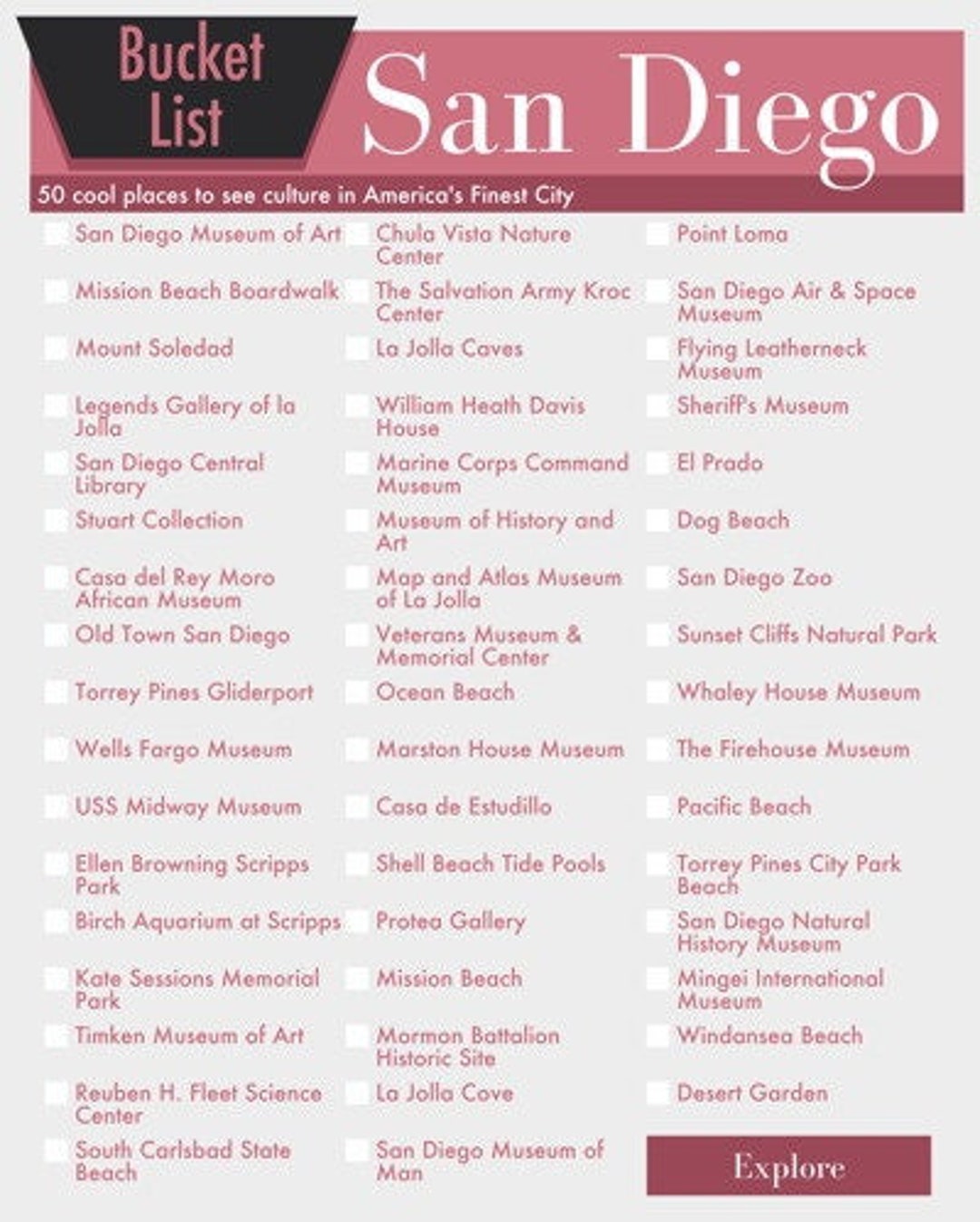 Bucket List San Diego California Bucket List in Your Choice of COLOR ...