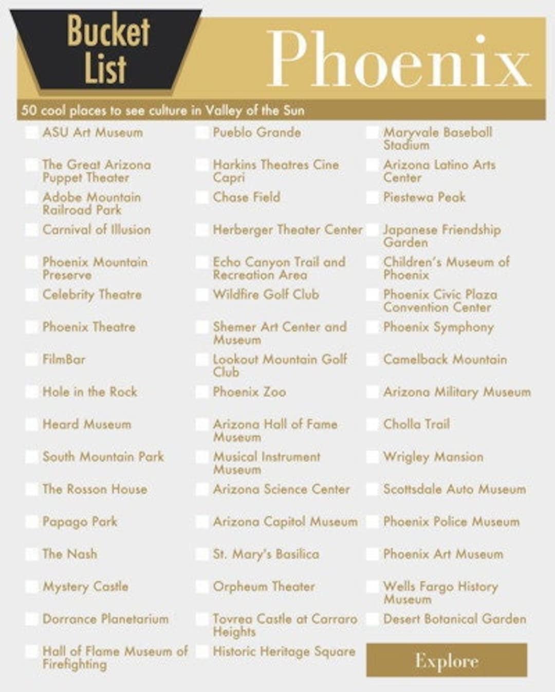 Bucket List Phoenix Arizona | Bucket List in Your Choice of COLOR ...