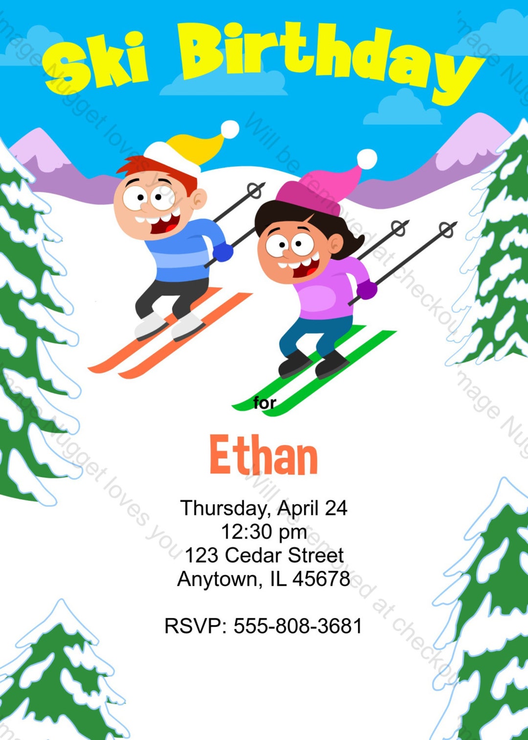 Snow Skiing Birthday Party Invitation - Printable Birthday Invite for a ...