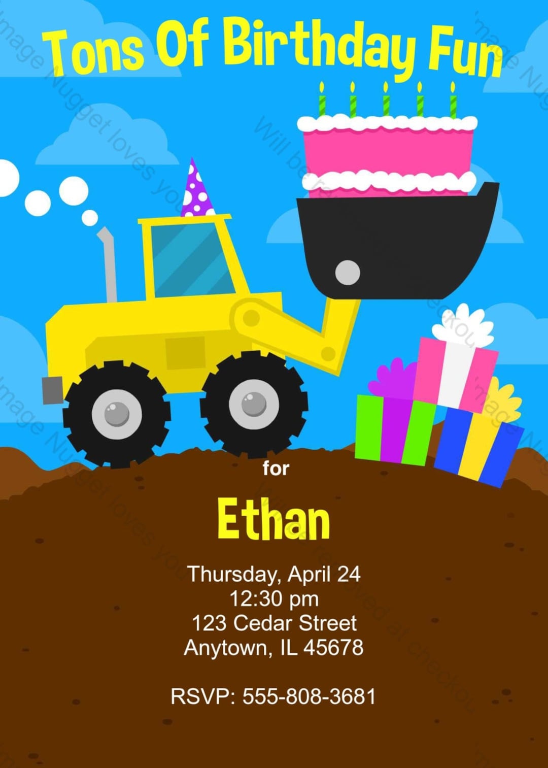 Bulldozer Birthday Party Invitation - Printable Birthday Invite for a ...