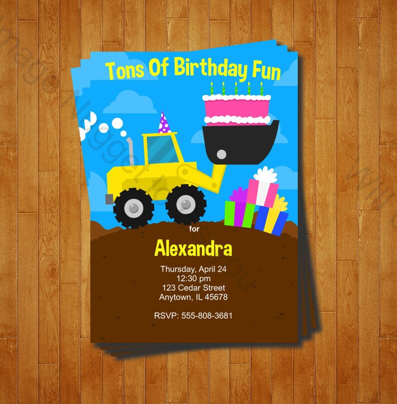Bulldozer Birthday Party Invitation - Printable Birthday Invite for a ...
