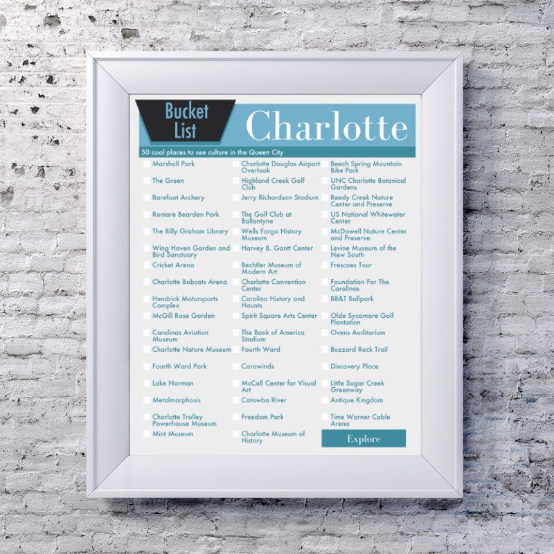 Charlotte North Carolina Bucket List Wall Art - 50 Fun Things to Do in ...