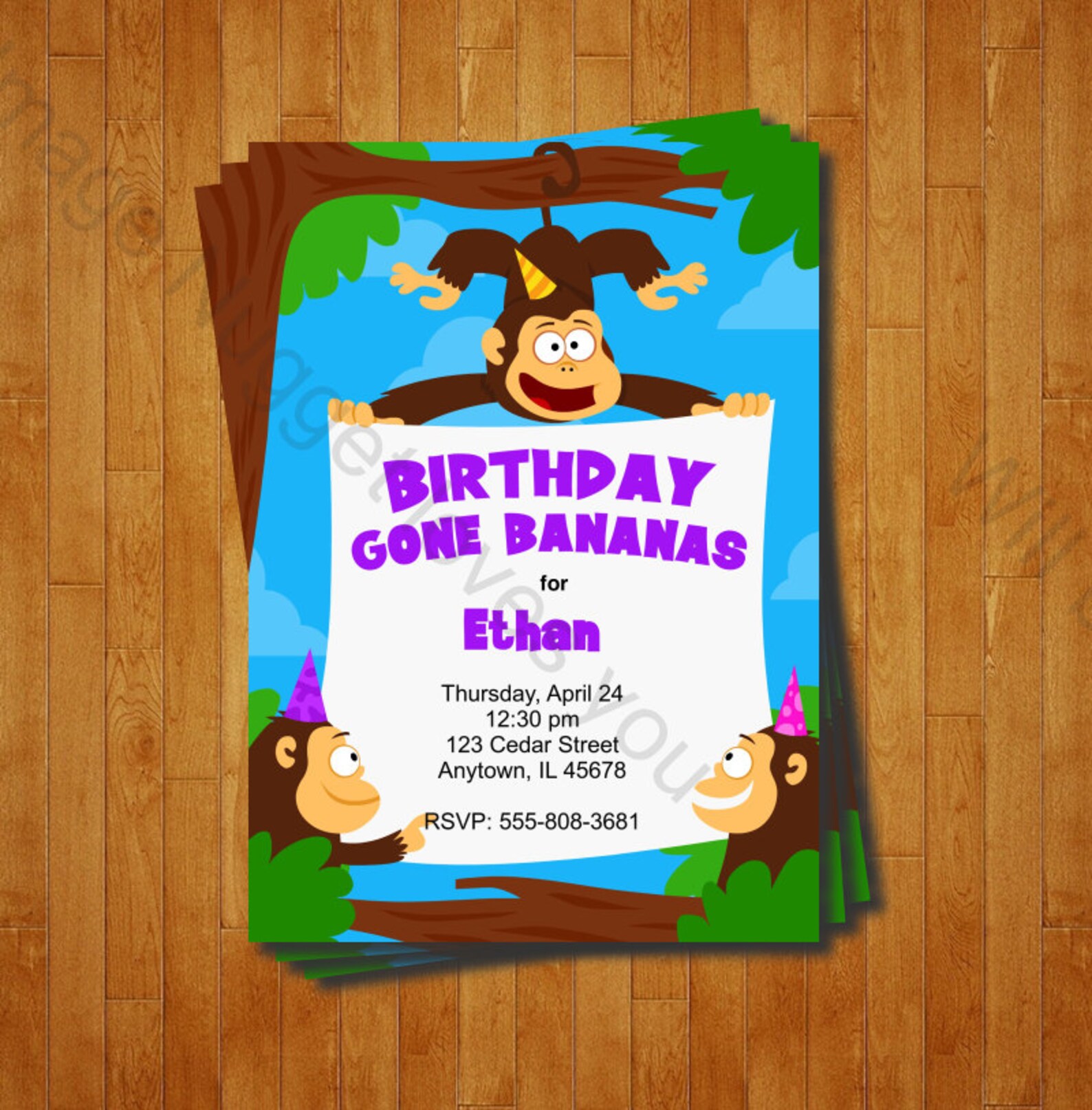 Monkey Party Invitation - Printable Birthday Invite for a Monkey Theme ...