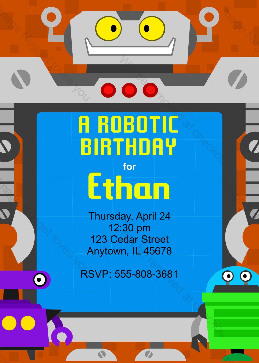 Robot Party Invitation - Printable Birthday Invite for a Birthday Party ...