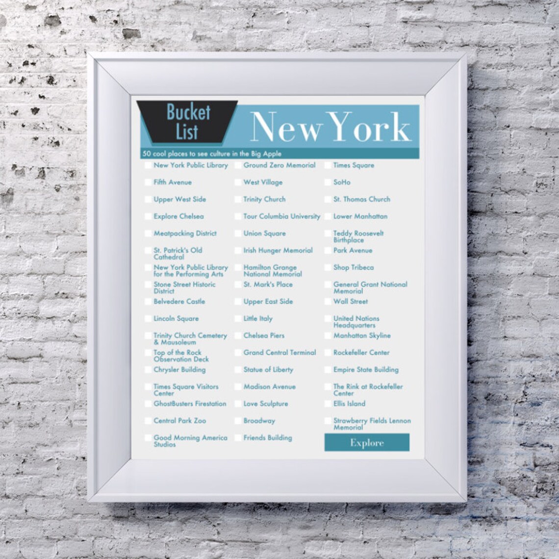 New York City Bucket List Wall Art - 50 Fun Things to Do in the Big ...