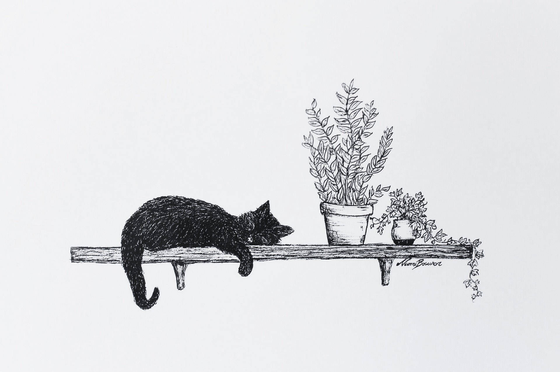 Cat Nap Print ink Pen, Plants, Cat Lover, Freehand Sketch - Etsy