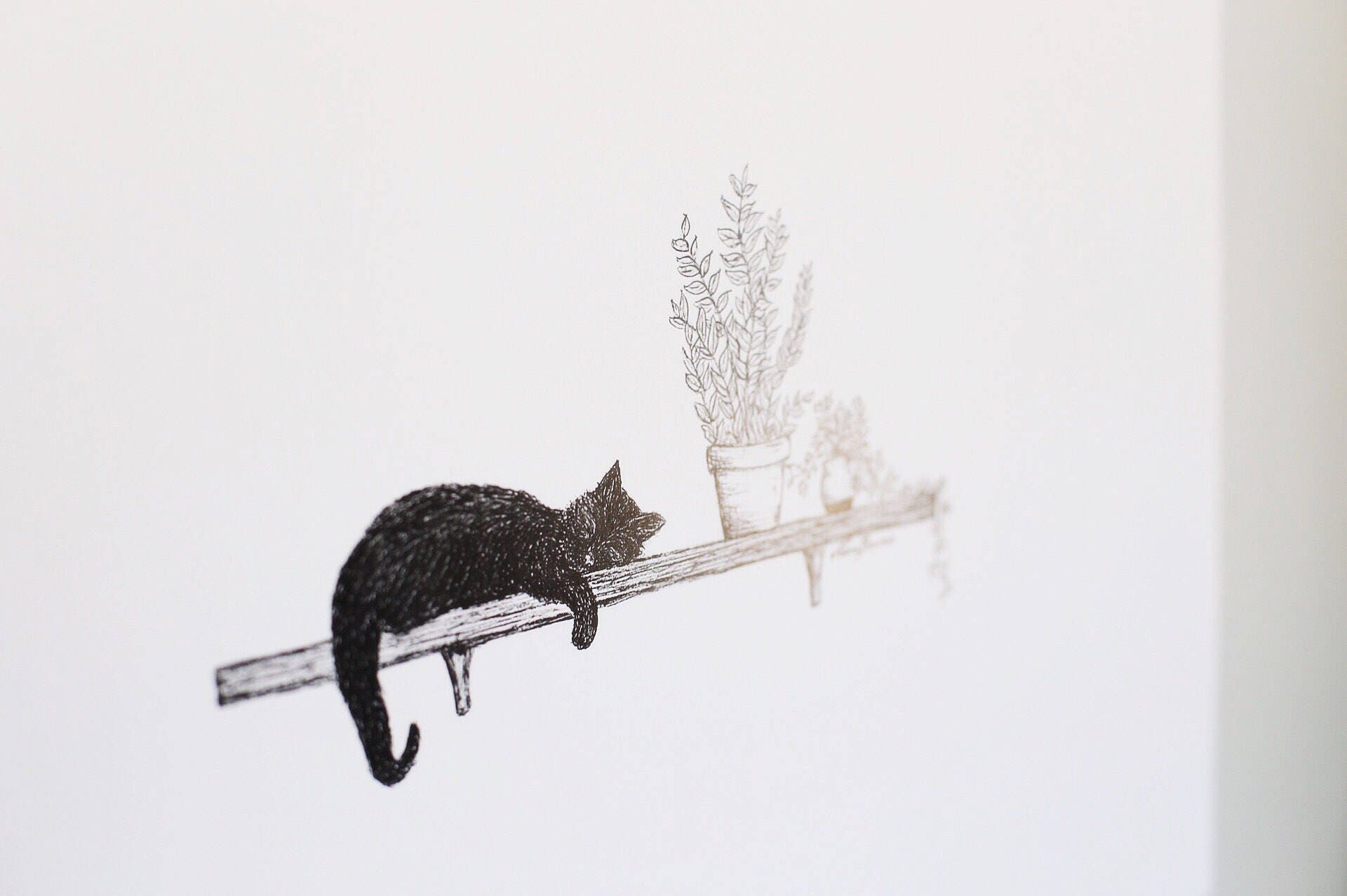 Cat Nap Print ink Pen, Plants, Cat Lover, Freehand Sketch - Etsy