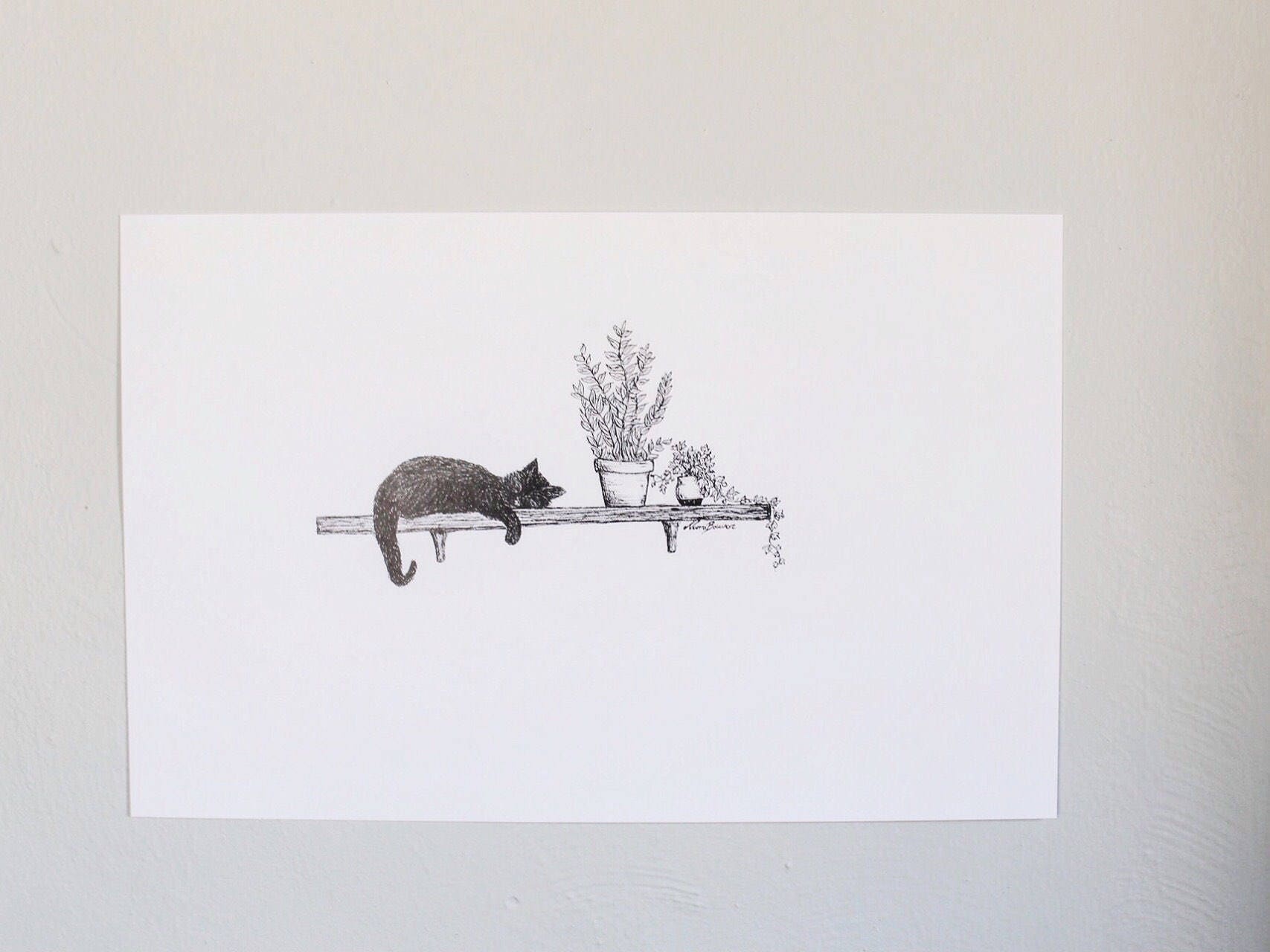 Cat Nap Print ink Pen, Plants, Cat Lover, Freehand Sketch - Etsy