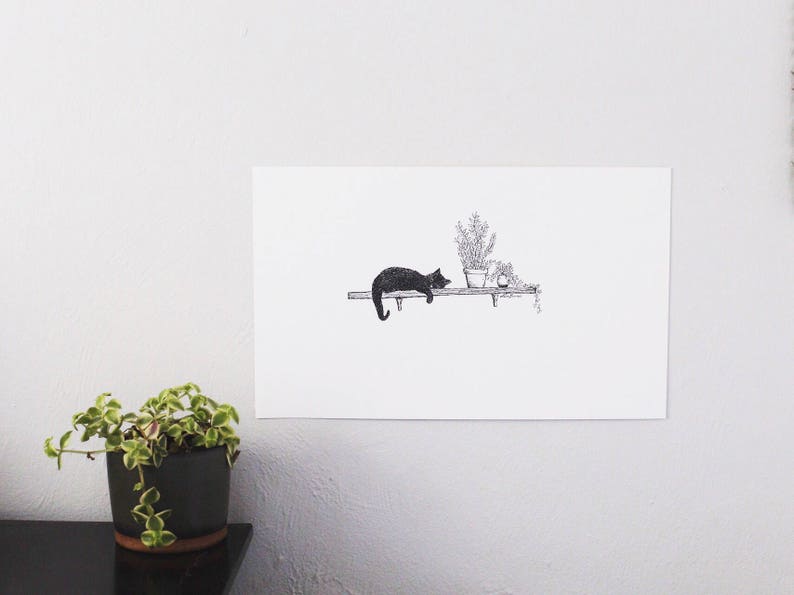 Cat Nap Print ink Pen, Plants, Cat Lover, Freehand Sketch - Etsy