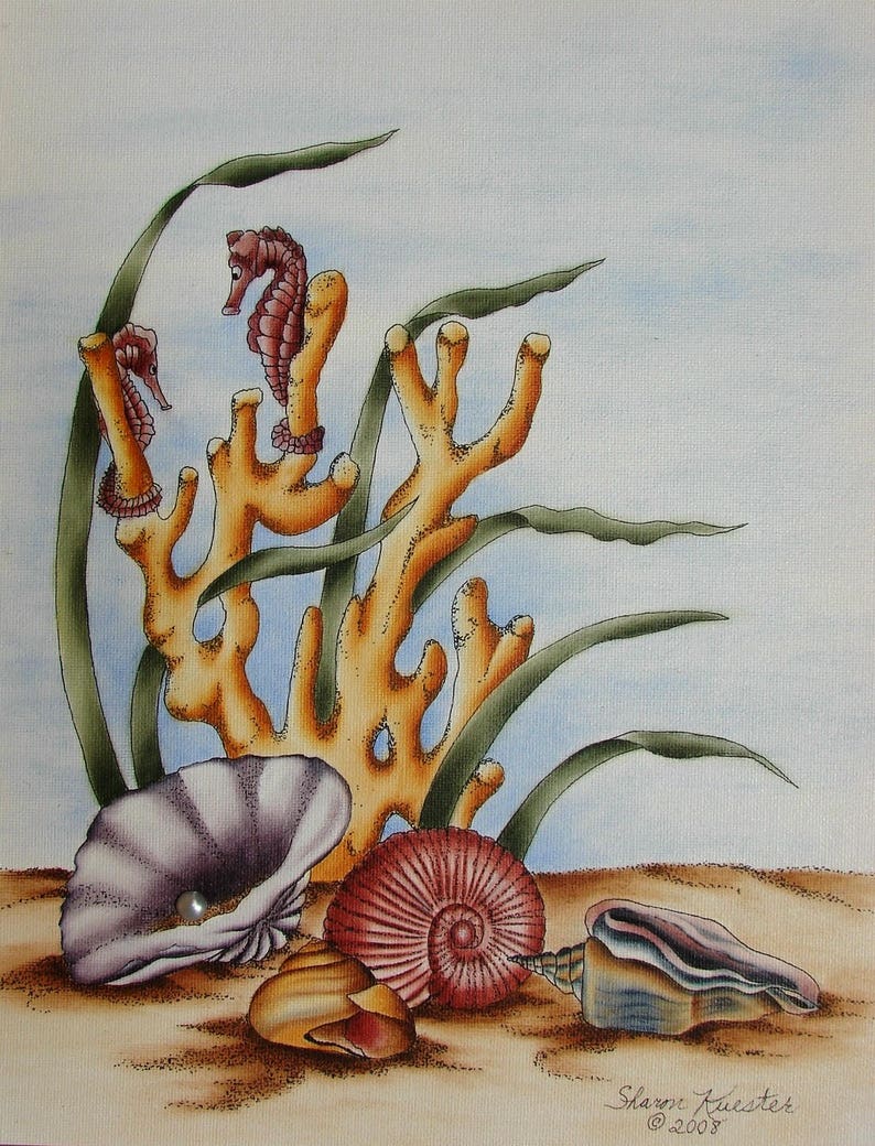E PACKET Pen & Ink Oil Rouging Sea Shell Painting Pattern - Etsy