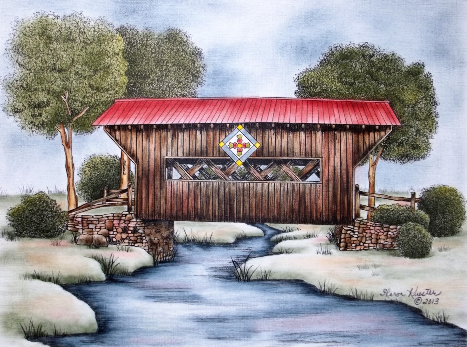 INK / OIL PAINTING - Historic Old Covered Bridge Paintings, Countryside ...