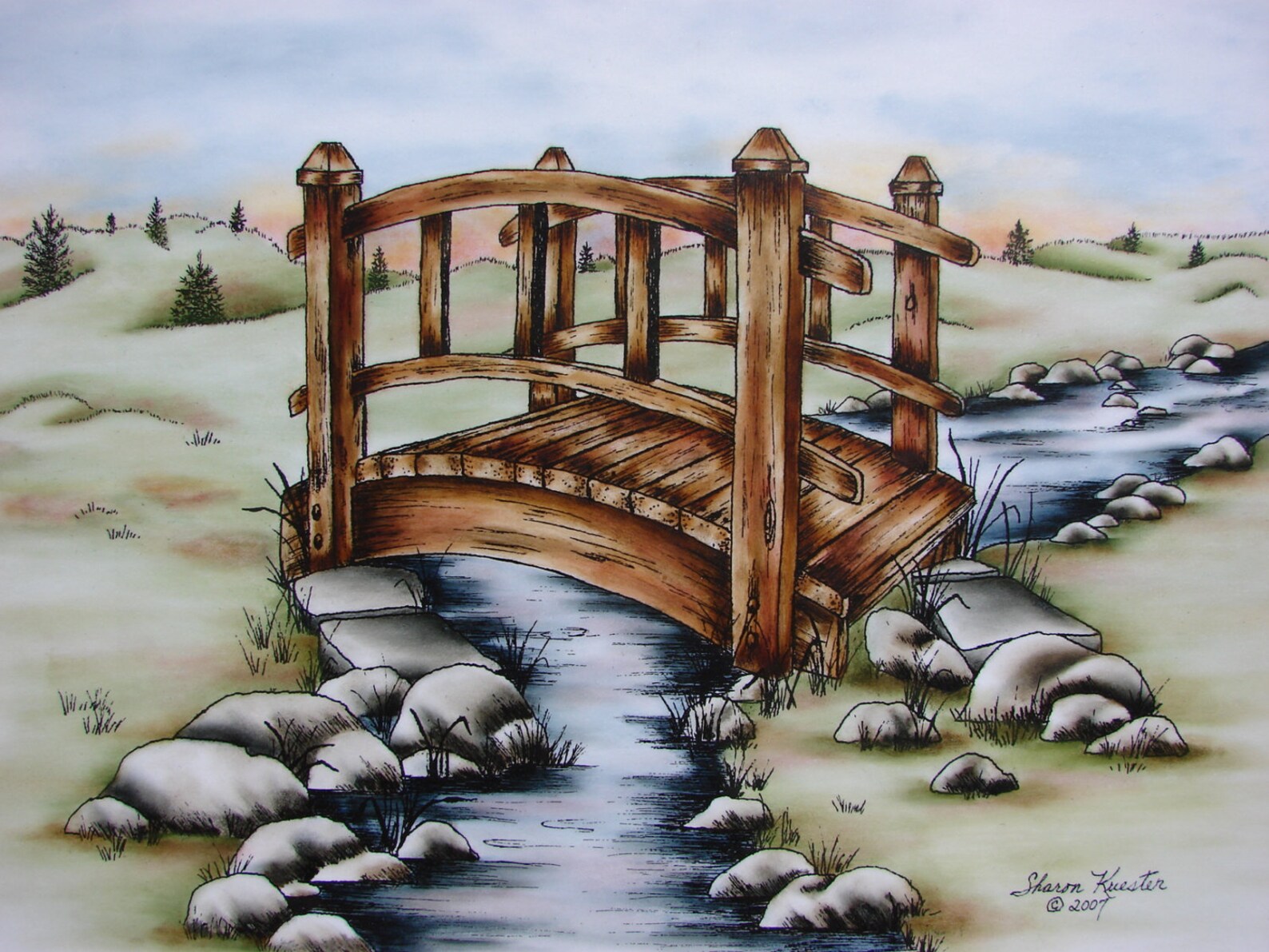 INK / OIL PAINTING - Historic Wooden Bridge Painting, Peaceful River ...