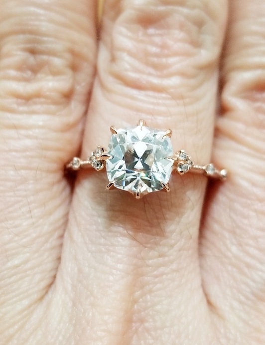 Old mine cut Moissanite engagement ring OMC moissanite and diamond engagement ring in solid 14k 18k white gold yellow gold or rose gold Etsy