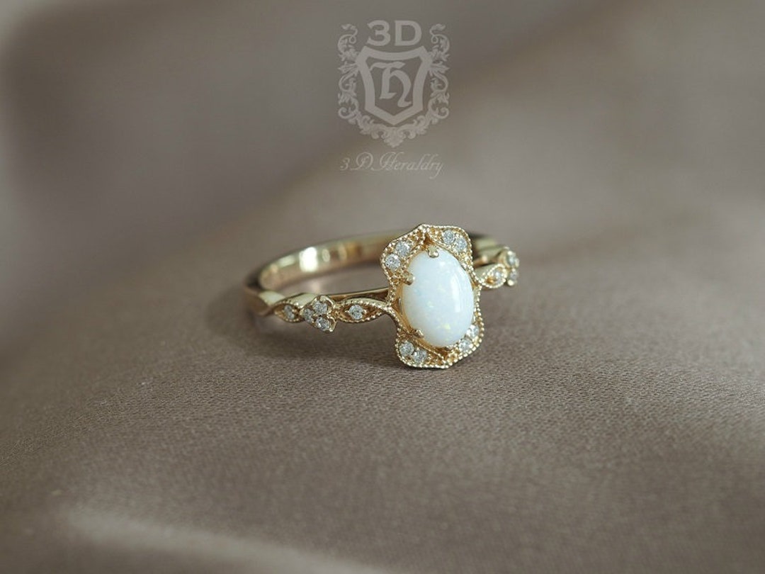 Genuine Opal Ring, Opal Engagement Ring With Natural Diamonds Made in ...