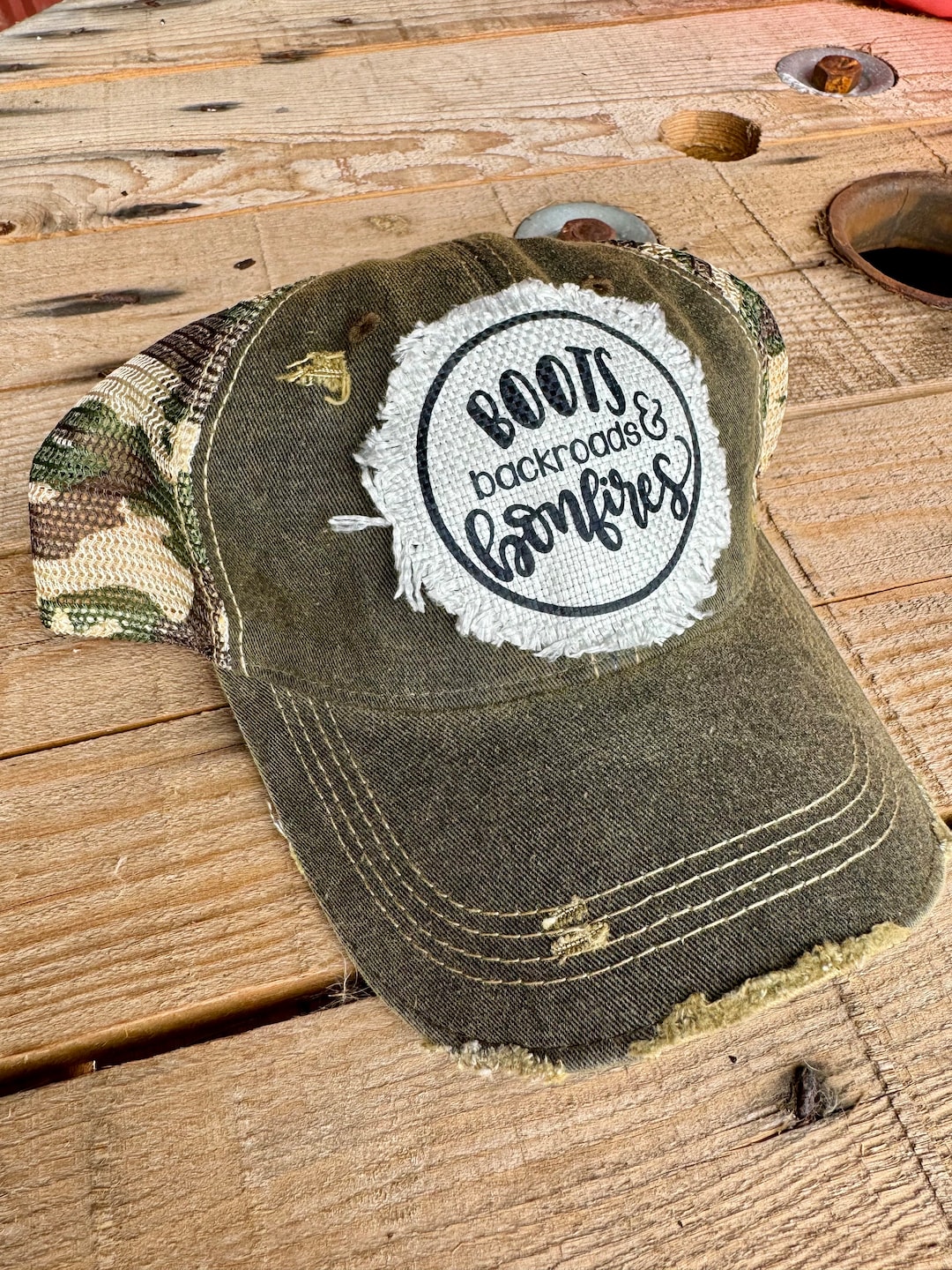 Boots Backroads and Bonfires Hat – Distressed Camo Trucker Cap – Rustic Country Outdoor Fall Hat ...