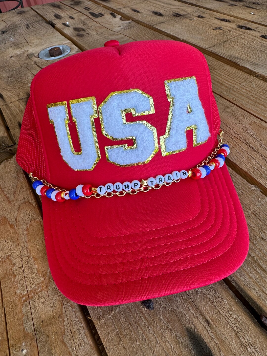 USA Chenille Patch Political Trucker Cap With Beaded Charm and Chain ...