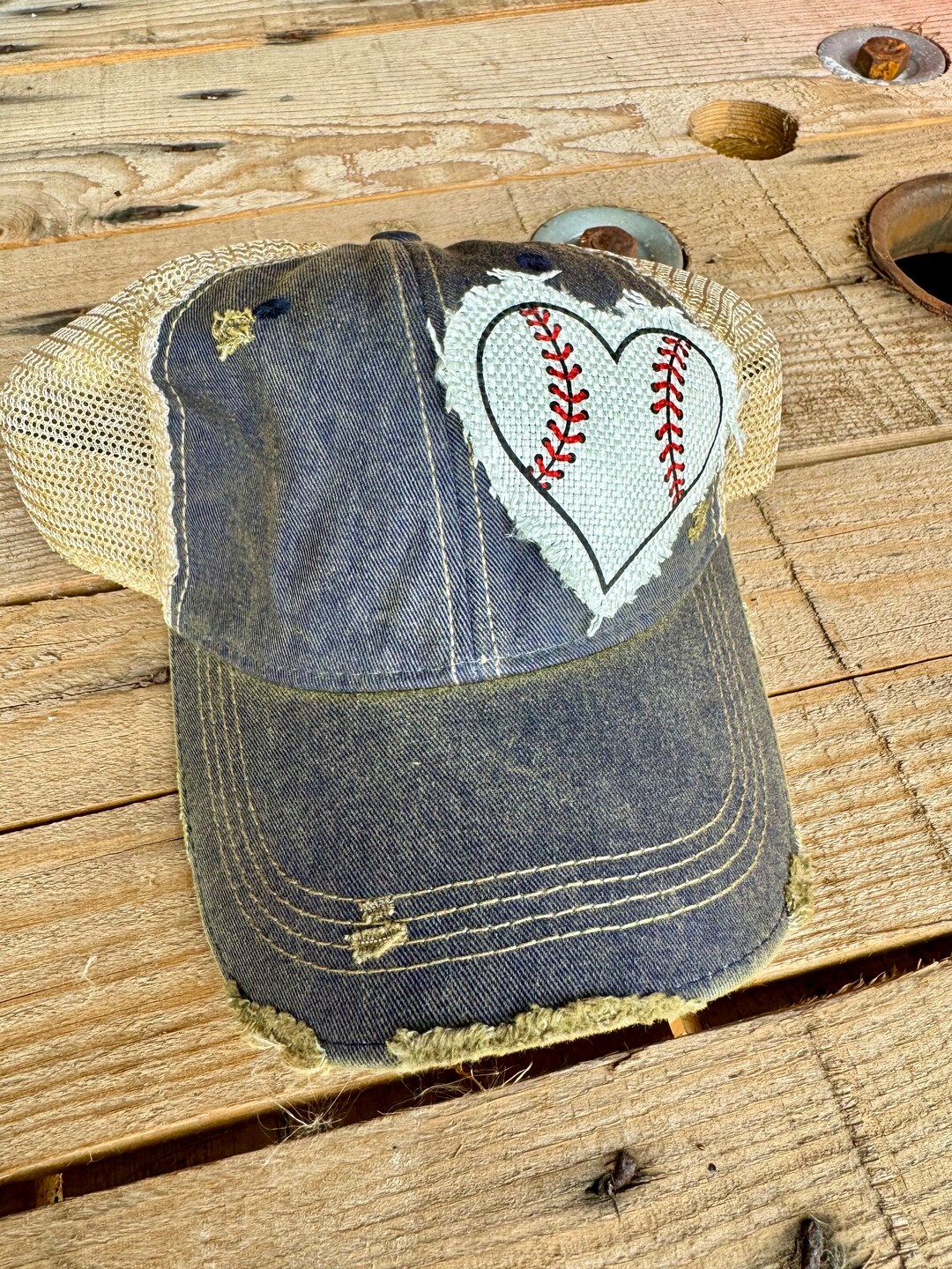 Baseball Heart Patch Hat With Mesh Backing - Sporty Distressed Snapback ...