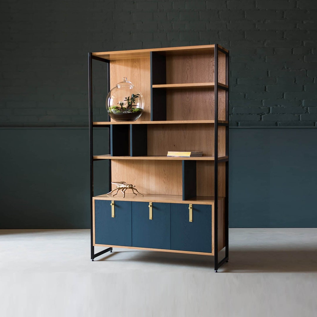 Oak Shelving Unit Oak & Steel Bookcase Oak Display Cabinet Hague Blue ...