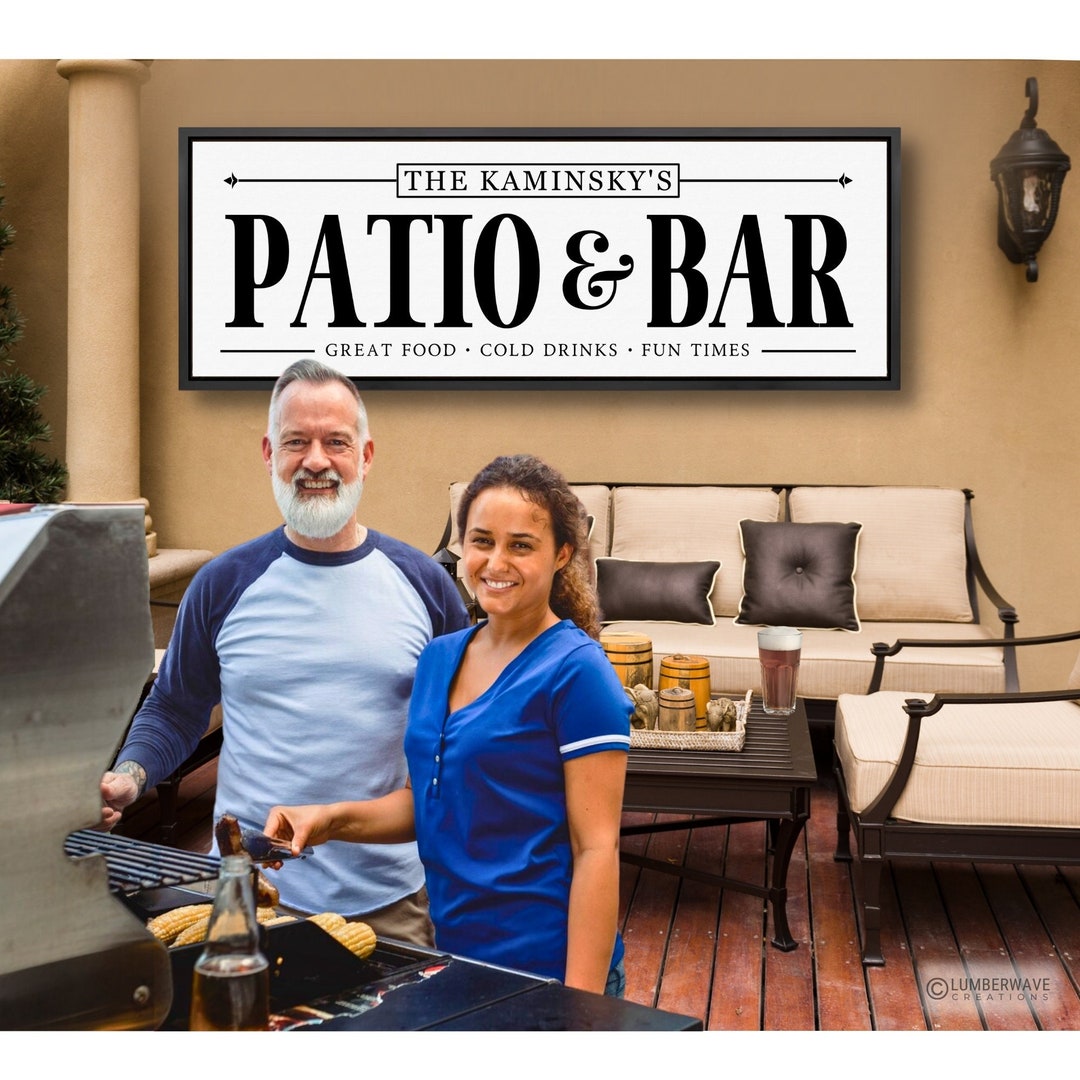 Patio Bar Sign Back Patio Deck Name Sign Wood Framed Backyard Home Bar ...