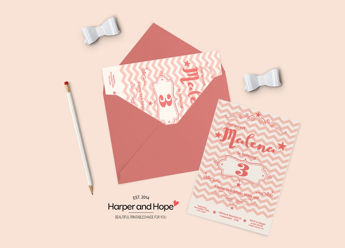 Pastel Chevron 3rd Birthday Invitation Printable & | Etsy