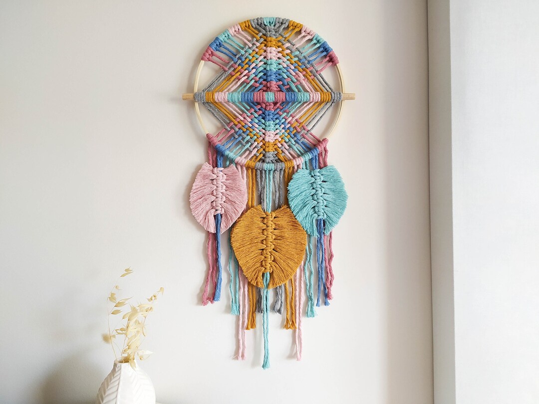 Multicolored Circular Macrame Wall Hanging, Macraweave With Leaves ...