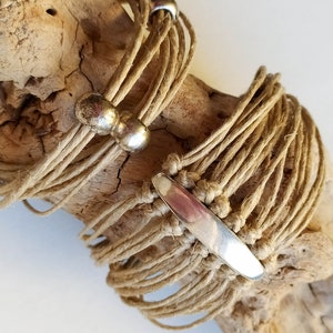 Multistrand Hemp Cord Bracelet With Large Silver Bead, Wide Boho Fiber ...