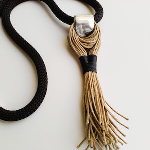 Black Rope Tassel Necklace, Long Boho Textile Necklace, Statement Fiber ...