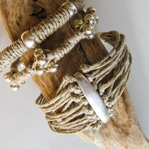 Multistrand Hemp Cord Bracelet With Large Silver Bead, Wide Boho Fiber ...