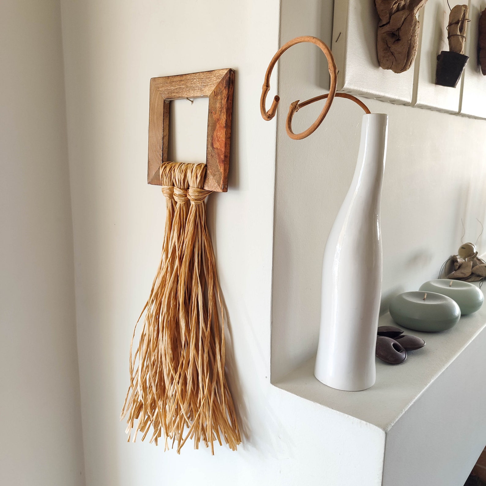 Decorative Wall Hanging With Wooden Hollow Square and Raffia Tassel ...