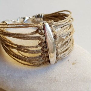 Multistrand Hemp Cord Bracelet With Large Silver Bead, Wide Boho Fiber ...