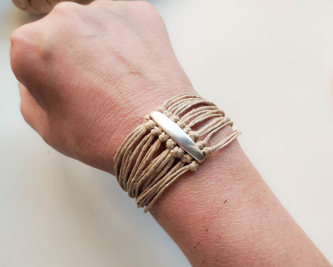 Multistrand Hemp Cord Bracelet With Large Silver Bead, Wide Boho Fiber ...