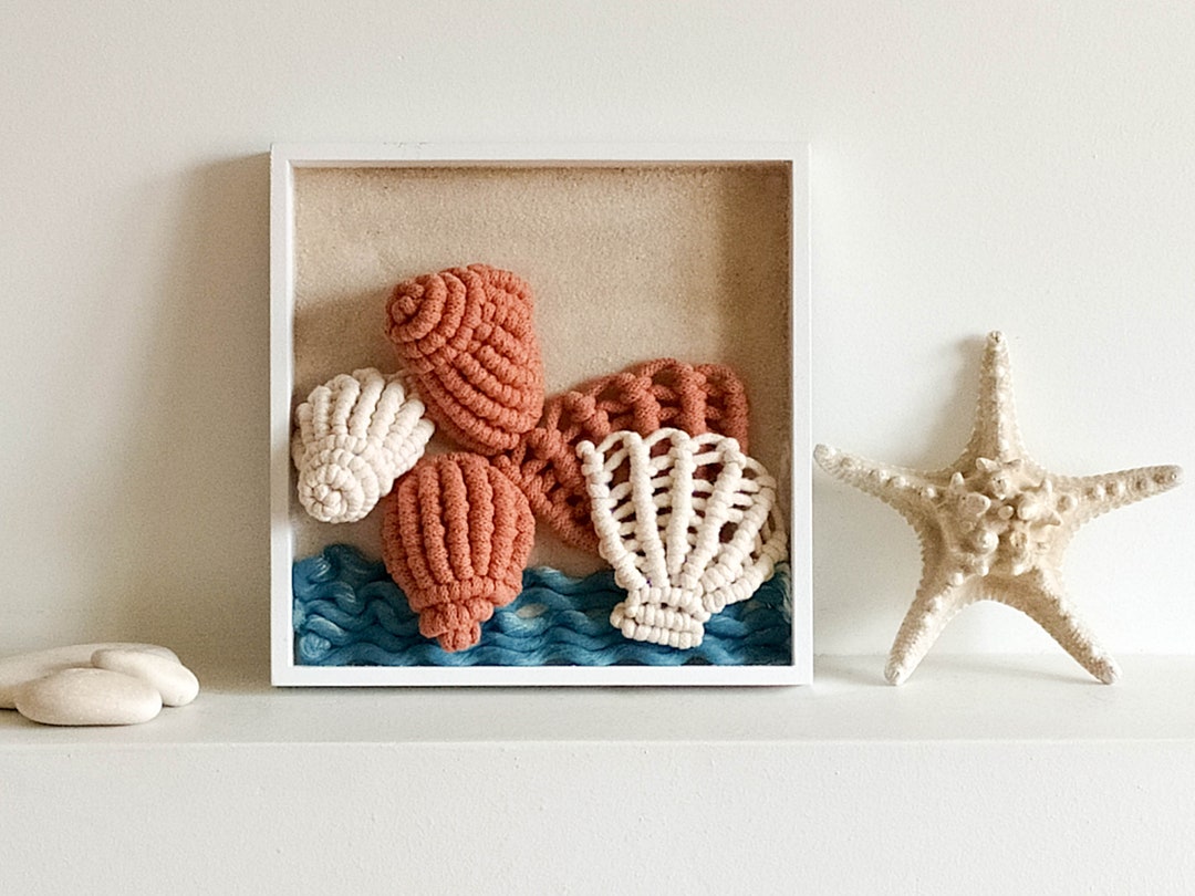 Macrame Ocean Wall Art, Scallop Seashell and Conch Shell Shadow Box ...