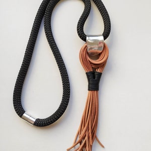 Black Rope Tassel Necklace, Long Boho Textile Necklace, Statement Fiber ...
