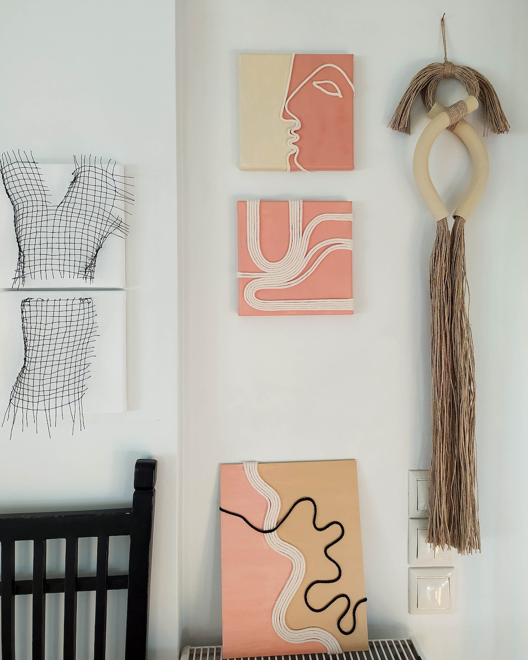 Abstract Arch and Side Face Fiber Art Canvas, Unframed Rope Art on ...