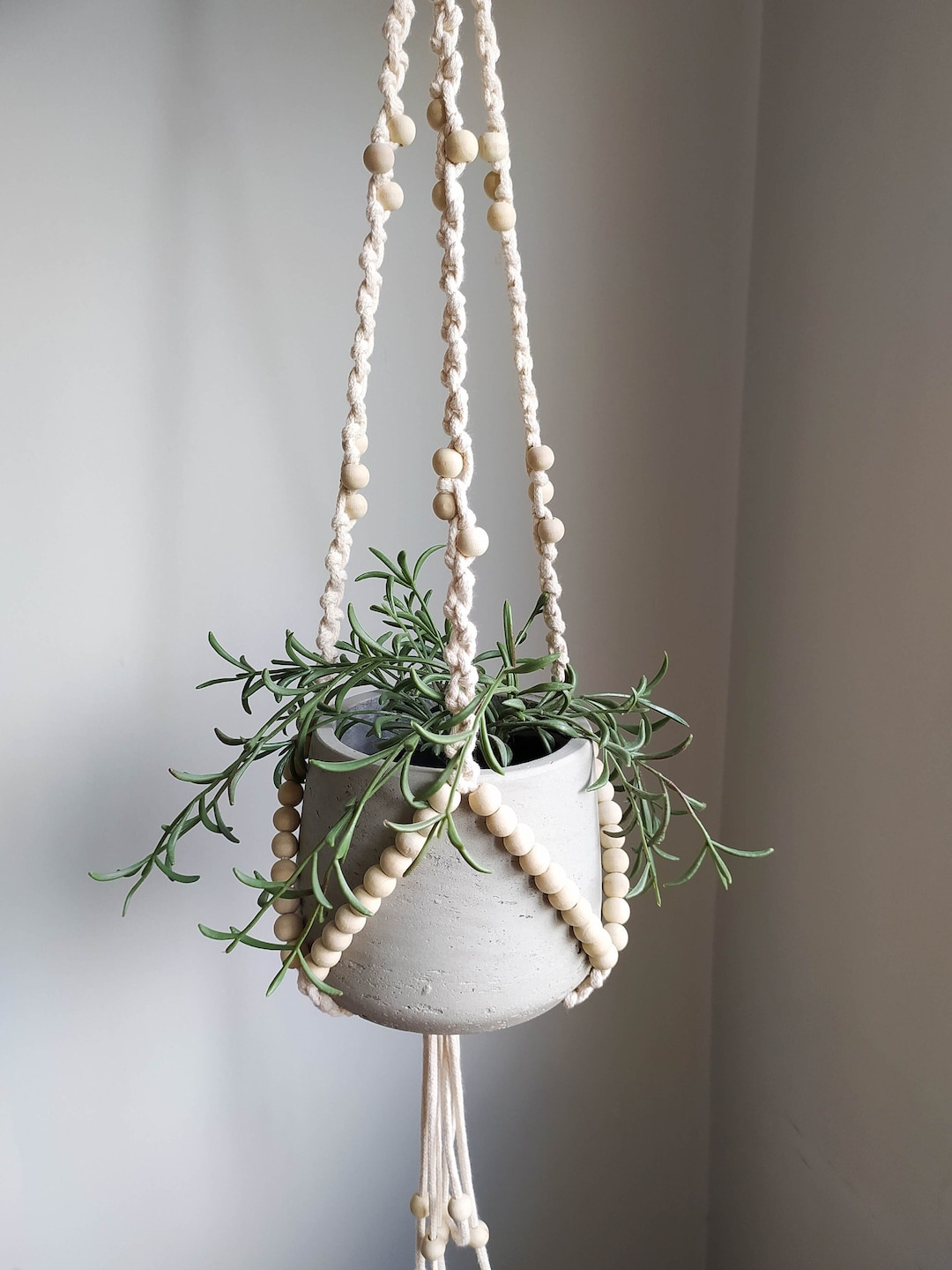 Macrame Plant Hanger With Wooden Beads and Rings, Ceiling Hanging ...