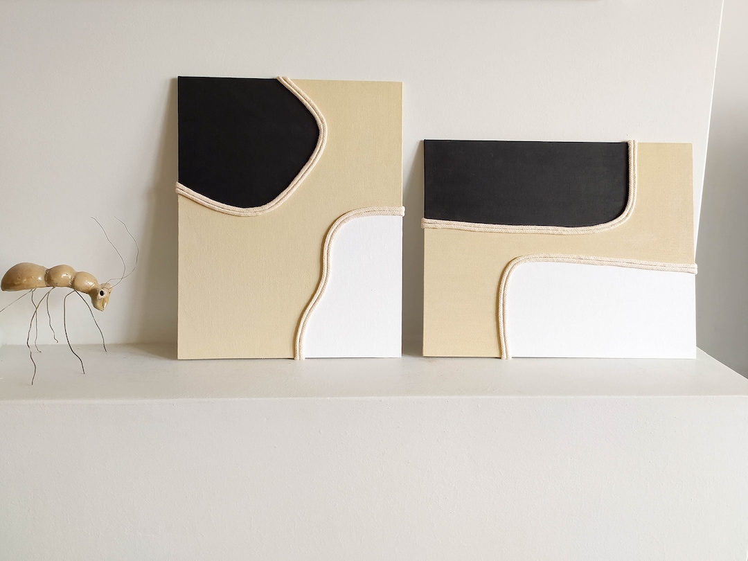 Set of 2 Abstract Textured Mid-century Modern Rope Art on Canvas Panel ...