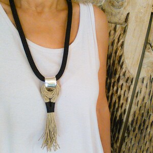 Black Rope Tassel Necklace, Long Boho Textile Necklace, Statement Fiber ...