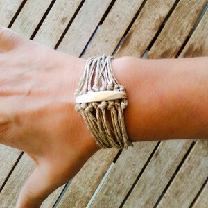 Multistrand Hemp Cord Bracelet With Large Silver Bead, Wide Boho Fiber ...