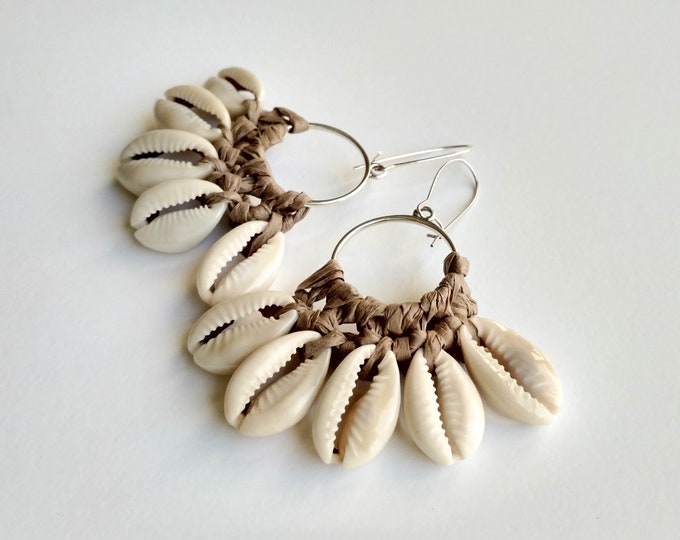 Silver Hoop Cowrie Shell and Straw Earring, Long Dangle Fan Kauri ...