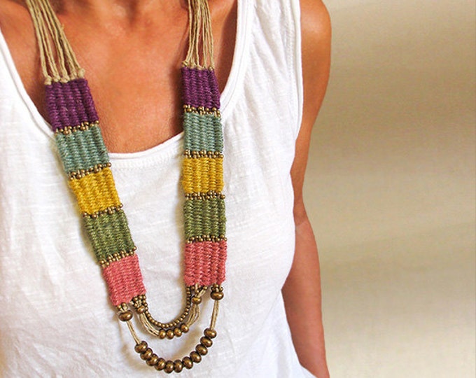 Long Woven Beaded Necklace, Fiber Tapestry Weaving Neck Piece ...